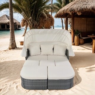 Outdoor Patio Set Daybed Sunbed with Canopy Wicker Furniture, Beige ...