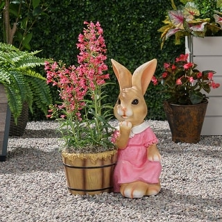 Brown/ Pink Bunny Statue Planter Cartoon Animal Plant Pots Rabbit Art ...