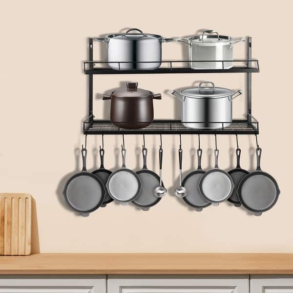 Kitchen Wall Mounted 2 Tiers Pot Pan Rack with 10 Hooks - Bed Bath ...