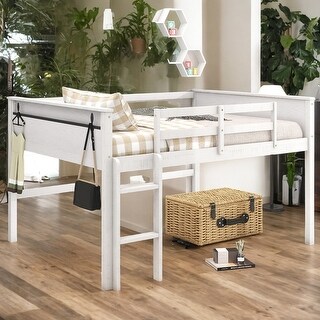 Stylish Wood Full Size Loft Bed with Hanging Clothes Racks, White - Bed ...