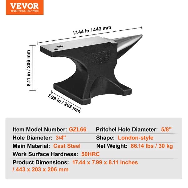 VEVOR Single Horn Anvil 8.8 22 & 66 Lbs Cast Steel Compact Design ...