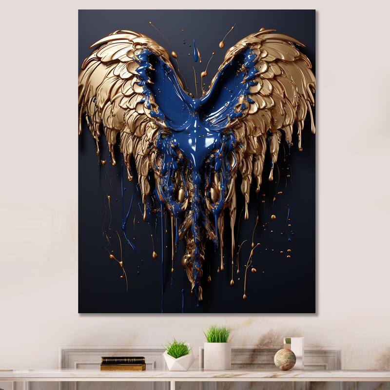 Designart "Royal Blue And Gold Angel Wings III" Fantasy Wall Art Print ...