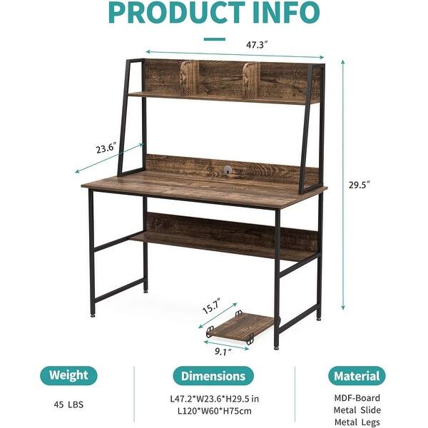 Computer Office Desk with Shelves Metal Frame Desk with Bookshelf - Bed ...