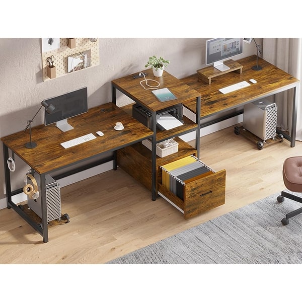 2 Person Computer Desk with Letter/A4 File Drawer Power Strip - Bed ...