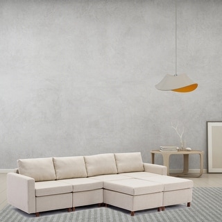 U-shape Cream Linen Module Sectional Sofa Set with Movable Ottomans ...