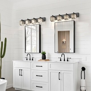 YANSUN 4-Light Square Vanity Light,Black Frame with Crystal Shades for ...