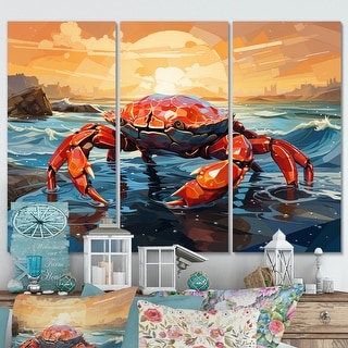 Designart "Crab Coastal Guardian Geometric" Animals Canvas Wall Art Set ...