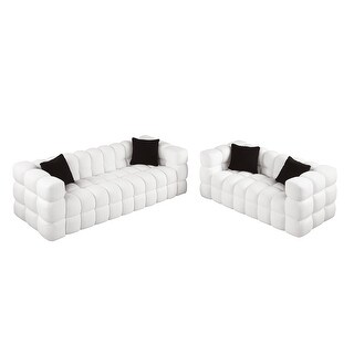 Straight Row Channel Sofa, Deep Seat Boucle Upholstered Sofa w/ Pillow ...