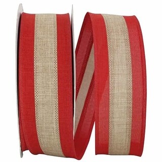 Red With Natural Color Center Stripe Linen Wired Ribbon - Bed Bath ...