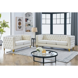 Beige 2-Piece Velvet Button-tufted Sofa Set with 3-Seater and Loveseat ...