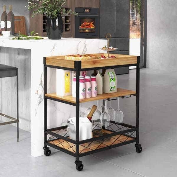 Modern Metal Wood Shelf Kitchen Serving Bar Cart with Removable Top ...