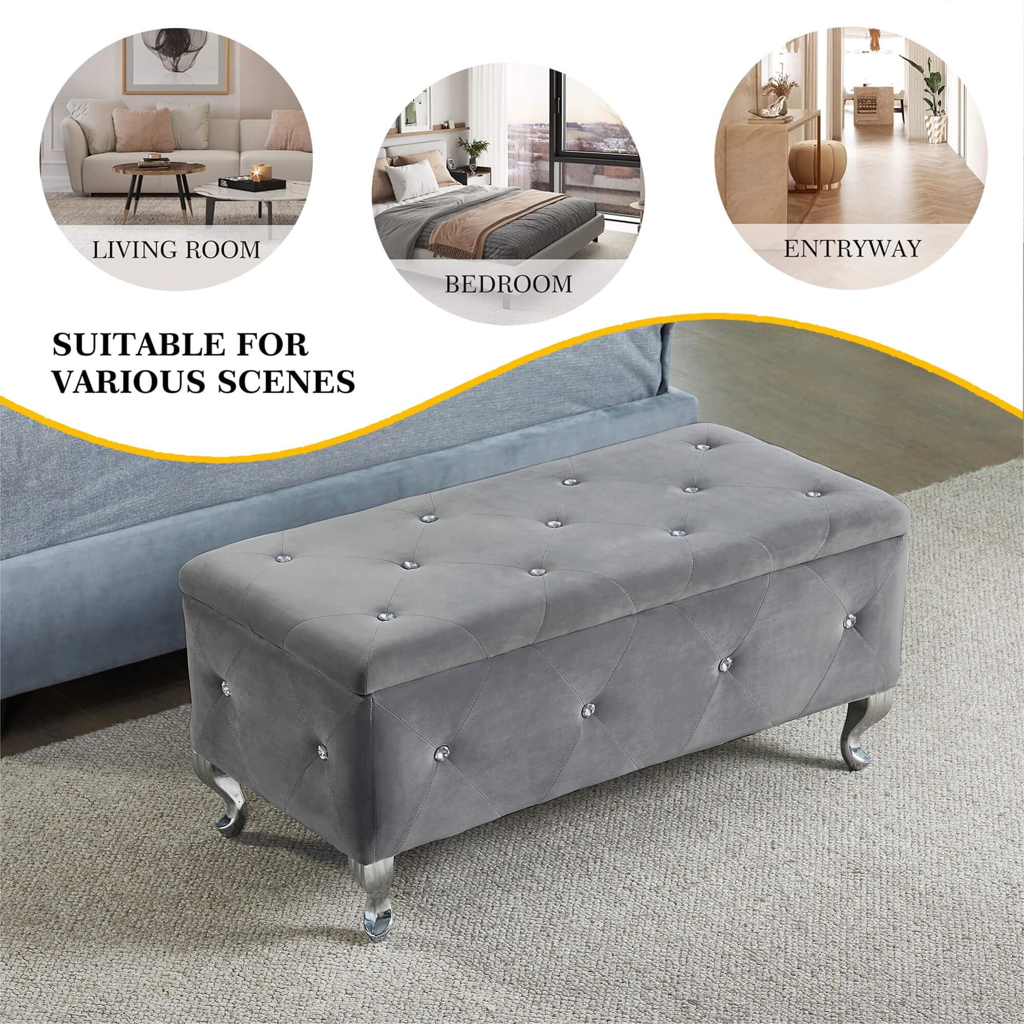 Luxury Storage Ottoman Bench Velvet Upholstered Ottoman Grey