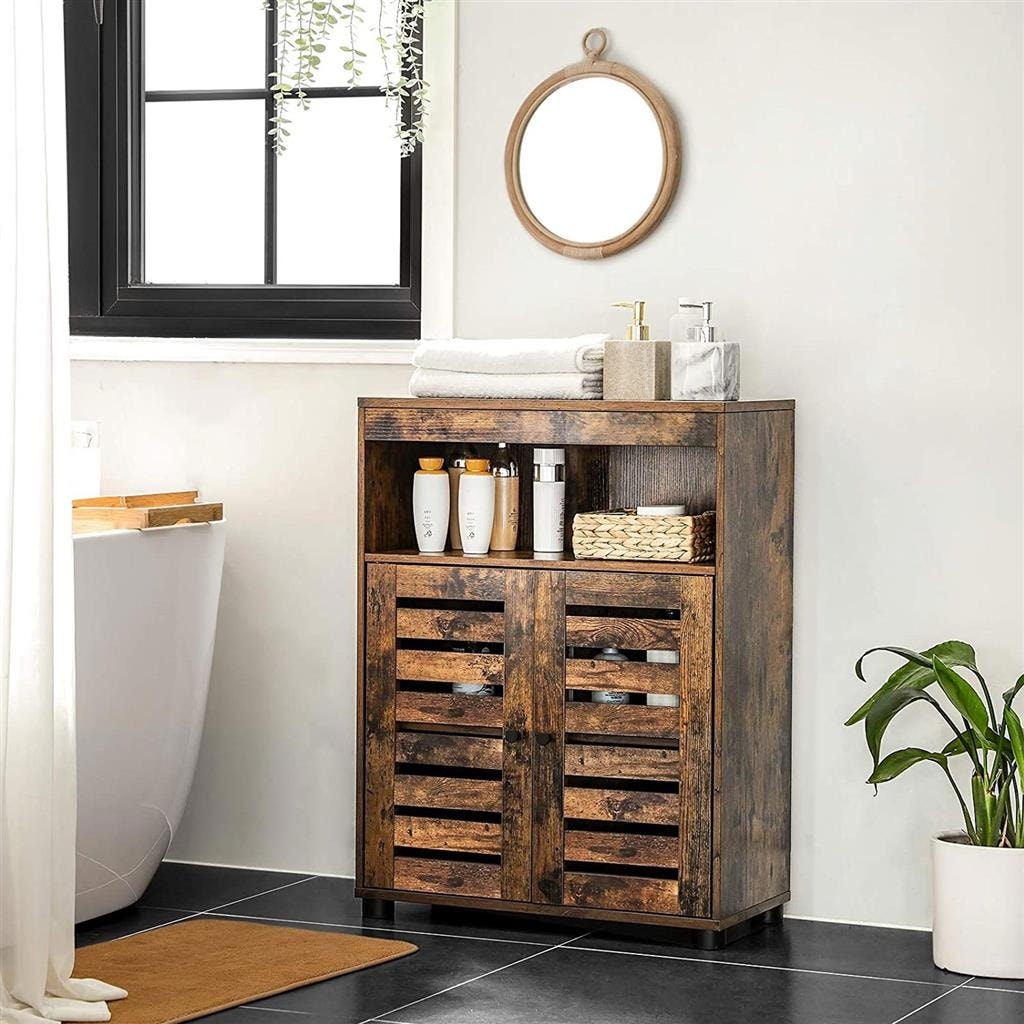 VASAGLE Bathroom Storage Cabinet Cupboard with Louvered Doors Rustic Design Open Compartments Adjustable Shelf Bed Bath Beyond 36649354