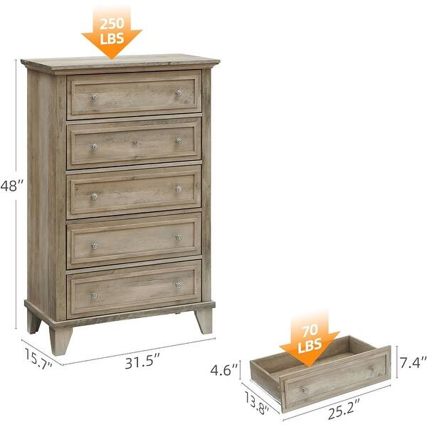 5 Drawers Wooden Dresser for Bedroom,Wood Rustic Drawer Chest - Bed ...