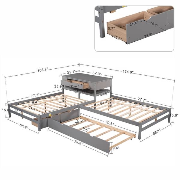 L-Shaped Full Platform Beds with Twin Trundle & Drawers Linked with ...