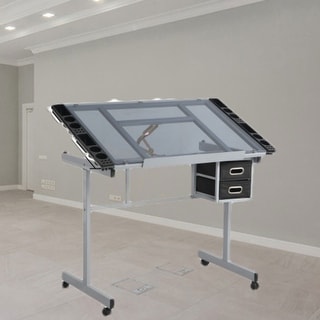 Adjustable Art Drawing Desk with Glass Top, 2 Sliding Drawers, and 4 ...