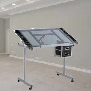 Modern Adjustable Drafting Table with Glass Top, 2 Slide Drawers, Anti ...