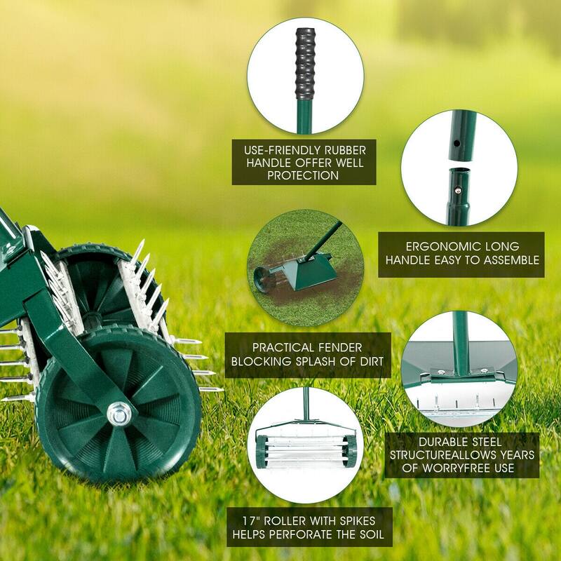 Rolling Lawn Aerator Rotary Push Tine Spike Soil Aeration w/ Fender ...