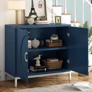 Navy Storage Cabinet Snack Cabinet with Wood-Striped Circular Door for ...