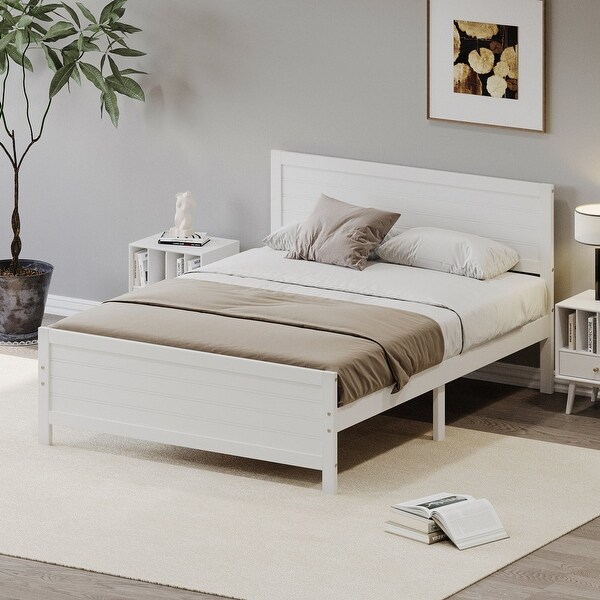 Solid Wood Frame Queen Size Platform Bed with Wood Slat Support Footboard and Headboard Walnut