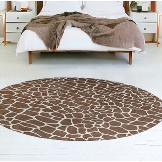 HomeRoots 8' Brown and Ivory Round Animal Print Handmade Non Skid Area ...