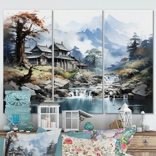 Designart "China Art Misty Mountain" Chinese Canvas Art Print Set - Bed ...