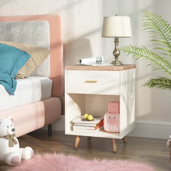 Nightstand Wood White Night Stands Bedside Table with Drawer and Shelf ...