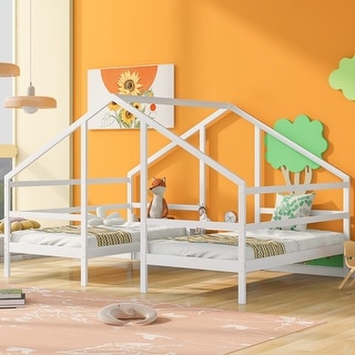 Shared Two Twin Beds Triangular House Platform Bed with Built-in Table ...