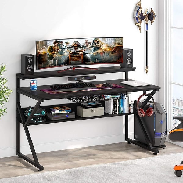 Computer Gaming Desk with Storage Shelf Monitors Stand Black - Bed Bath ...