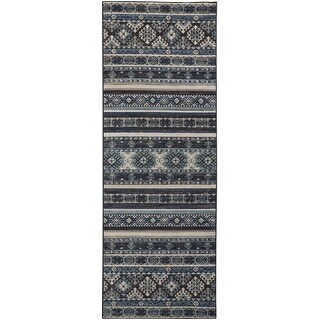 8' Blue Tan And Black Geometric Power Loom Distressed Stain Resistant ...
