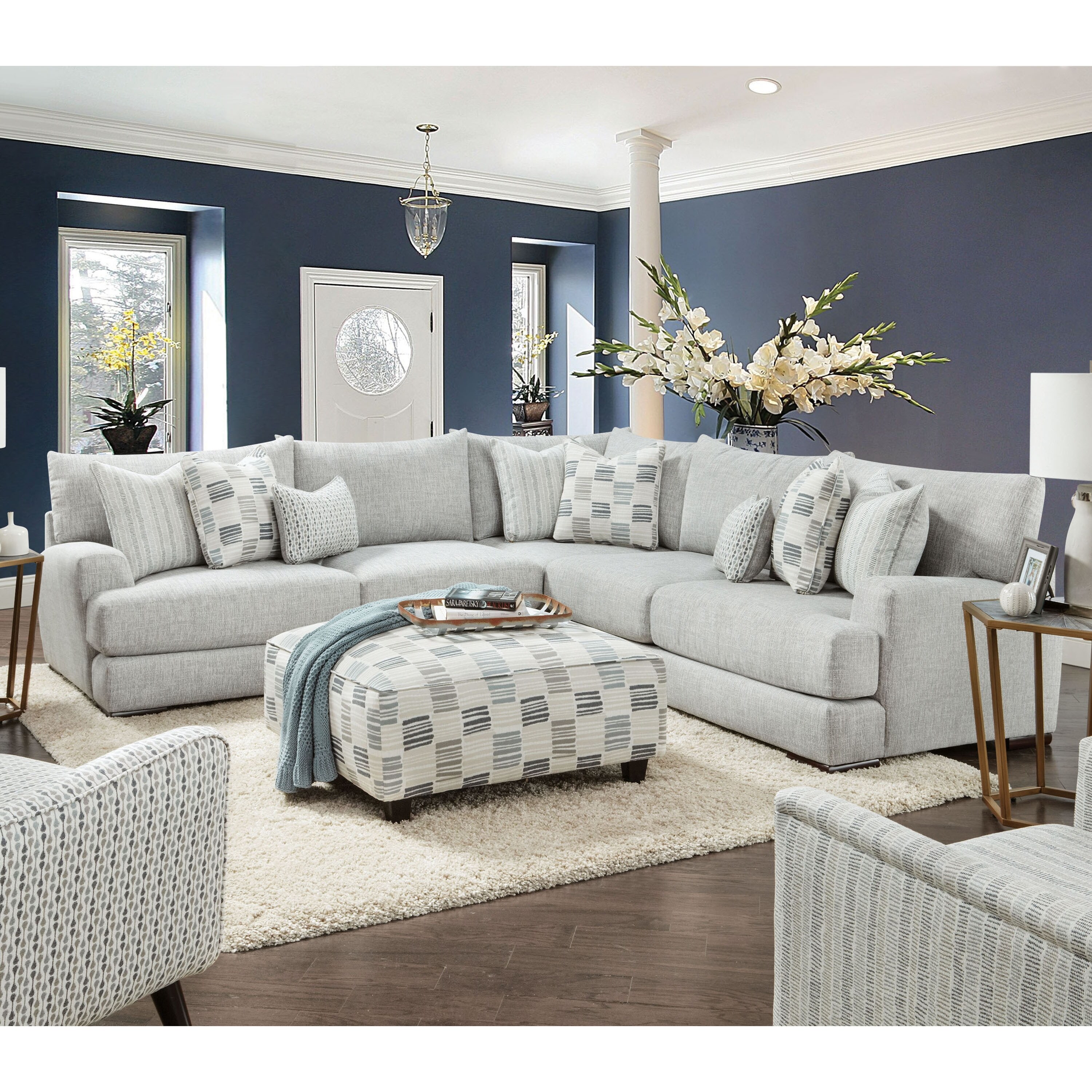 Eldan Transitional Grey Fabric Padded 2-Piece Sectional and Ottoman Set ...