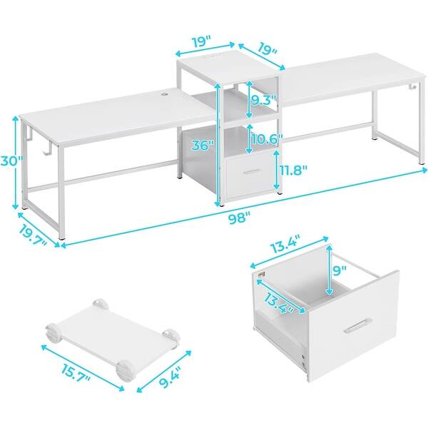 2 Person Computer Desk with Letter/A4 File Drawer Power Strip - Bed ...