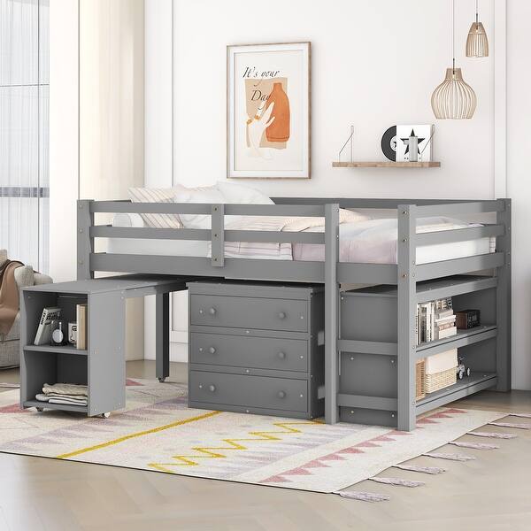 Low Study Full Loft Bed with Cabinet ,Shelves and Rolling Portable Desk ...