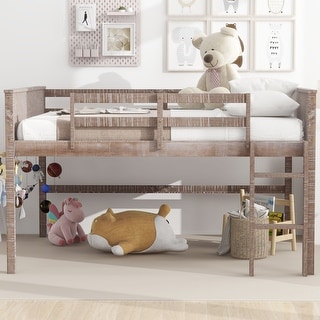 Natural Full Size Wood Low Loft Bed with Ladder on End and Hanging ...