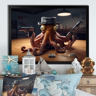Designart "Mobster Octopus With Hat" Animal Octopus Framed Wall Decor ...
