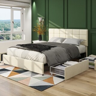 Upholstered Platform Bed with 4 Drawers, Button Tufted Headboard - Bed ...