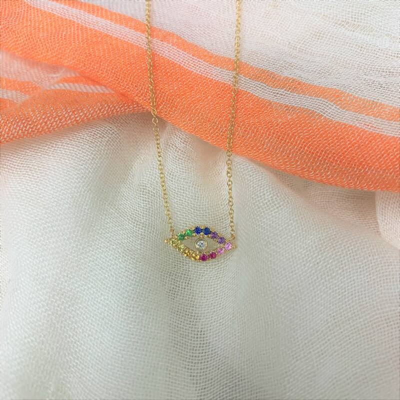 Joelle Evil Eye Necklace Rainbow Sapphire 14k Yellow Gold - Overstock ...