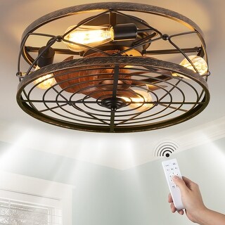 18" Rustic Caged Ceiling Fan Light Farmhouse Flush Mount Chandelier ...