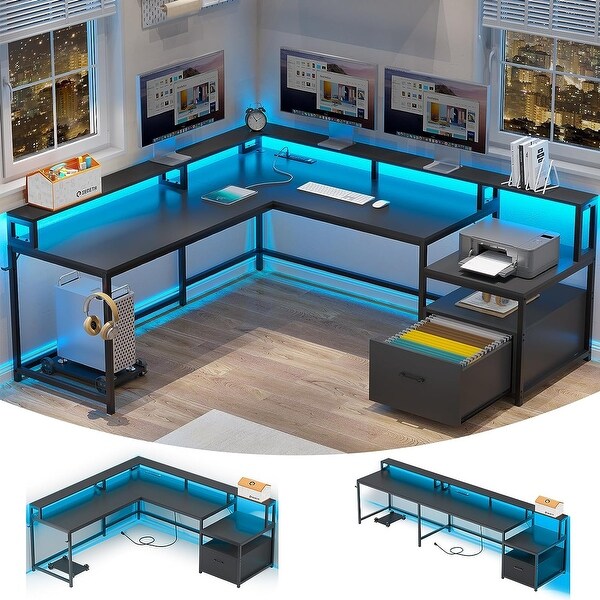 L Shaped Desk with Monitor Shelf, Reversible Corner Computer Desk for ...