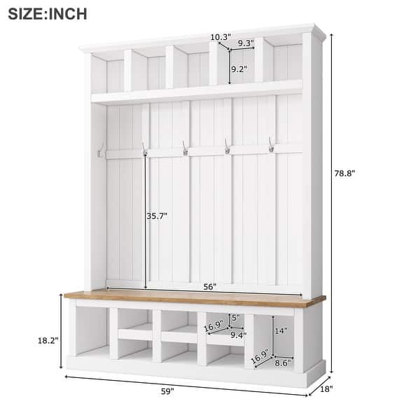 Hall Tree Hallway Storage Bench with Shoe Cubbies and Coat Rack with 6 ...