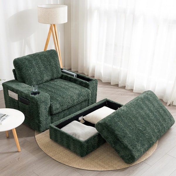 42" Faux Rabbit Fur Armchair with Cup Holders, Storage Ottoman ...