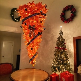 7.5 FT Orange Upside Down Christmas Tree with 300 LED Warm Lights and ...