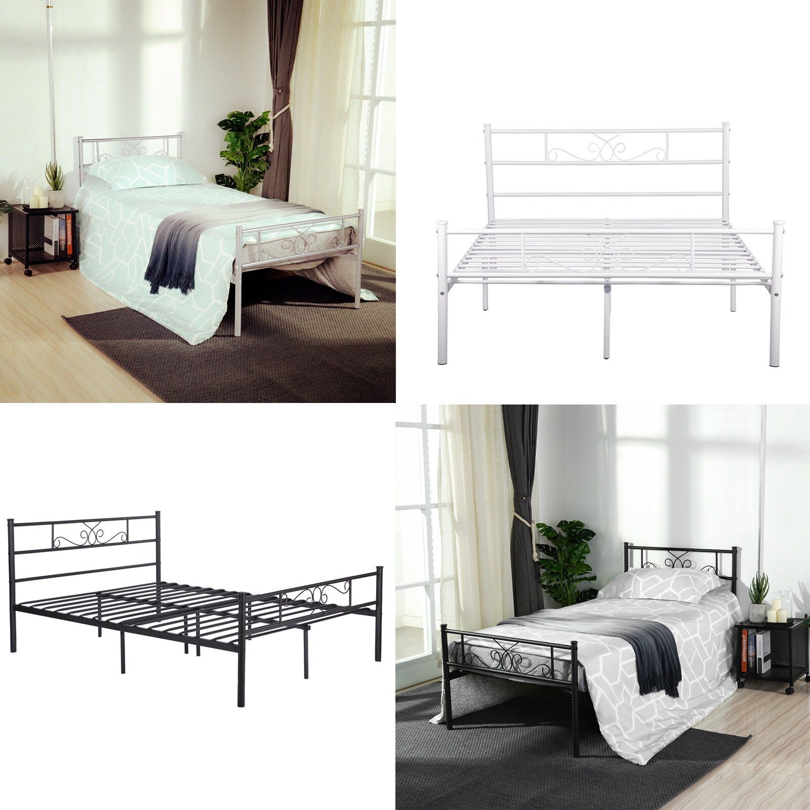 Twin Full Size Easy to Assemble Metal Bed Frame Platform Box Spring Replacement with Headboard and Footboard black white
