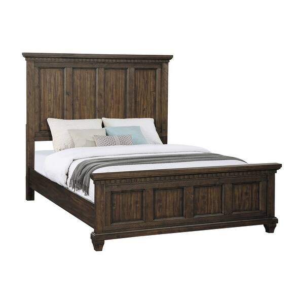Flo King Bed, Panel Headboard, Dentil Molded Details, Brown Acacia Wood ...