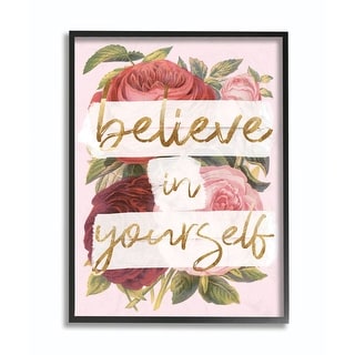 Stupell Believe In Yourself Pink Gold Rose Word Design Framed Wall Art ...
