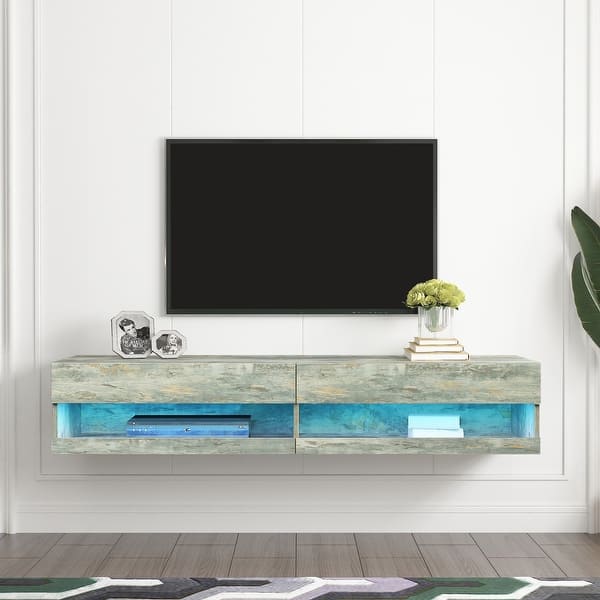 Grey Wall Mounted Floating TV Stand with LED Lights, Accommodates up to ...