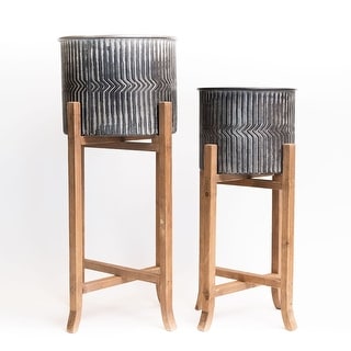 Set Of 2 Metal Buckets On Wood Legs Plant Stand - Bed Bath & Beyond ...