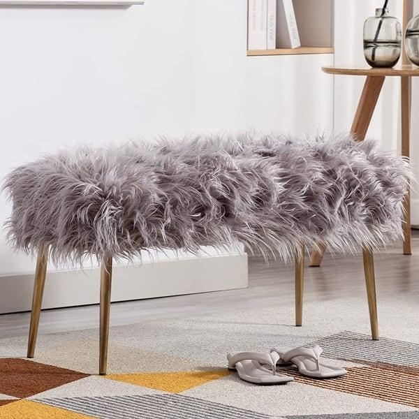 Faux Fur Ottoman Bench Upholstered Bedroom Furry Entryway Bench Long ...