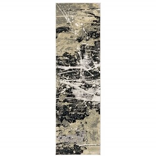 2' X 8' Black Gold Grey And Ivory Abstract Power Loom Stain Resistant ...