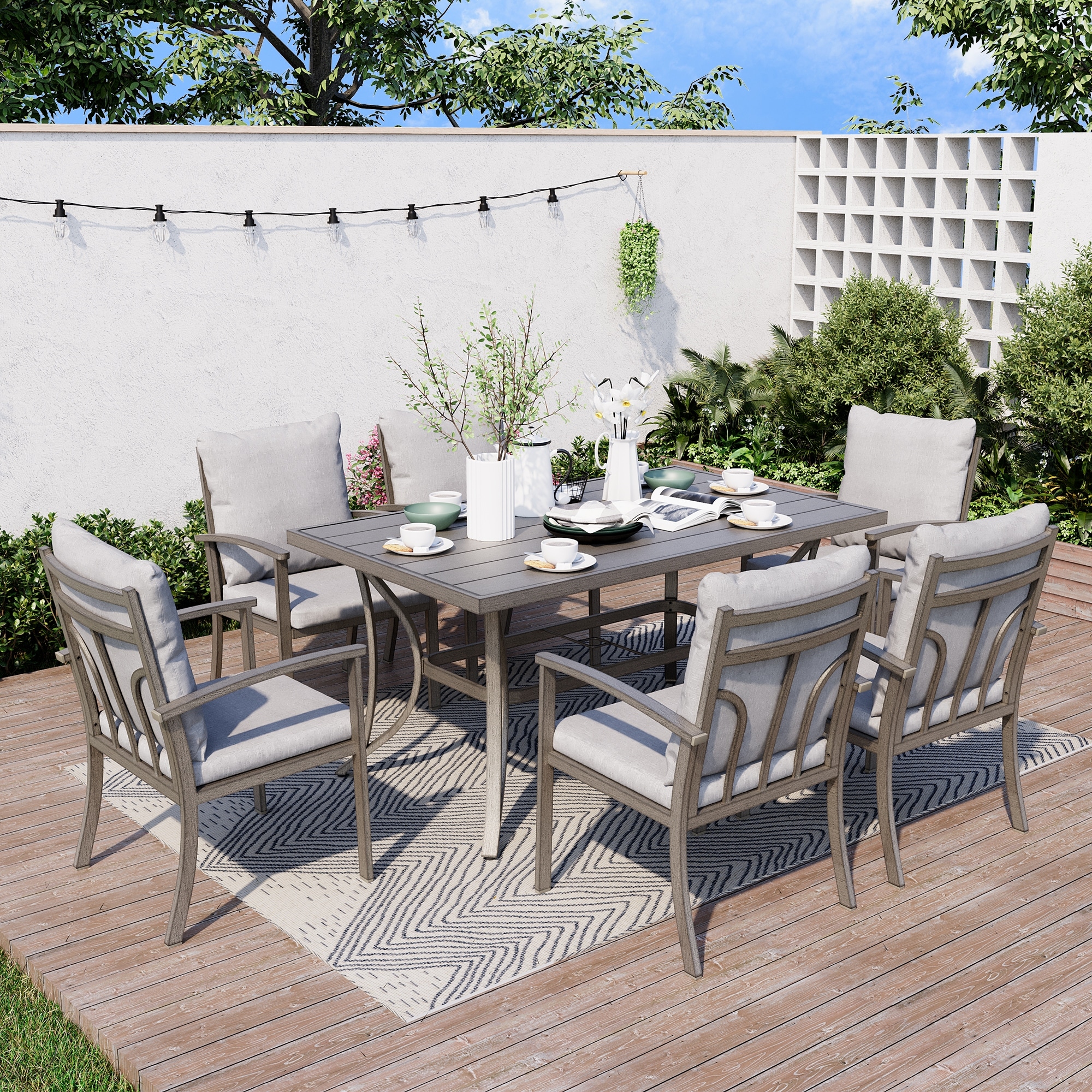 7 Piece Aluminum Patio Dining Set with Table and Washable Light Gray Cushions